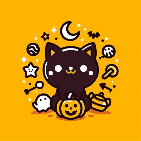 Ícone de gato fofo de halloween minimalista em fundo amarelo Vetor