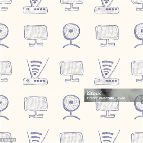 원활한 벡터 패턴 손으로 모니터 Wifi 라우터 및 웹 카메라 흰색 바탕에 그려 기술 만화 낙서 스케치 손으로 그린 완벽 한
