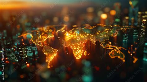 Glowing Geolocation Hologram With World Map Over Modern City