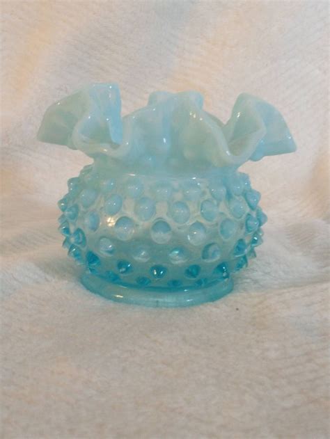 Fenton Blue Ruffled Edge Rounded Vase W Hobnail Opalescent Motif