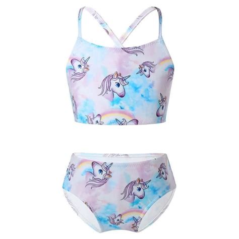 Inhzoy Licorne Maillot de Bain Fille Enfant Deux Pièce Tenue de Plage