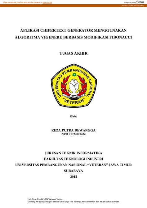Pdf Aplikasi Chipertext Generator Menggunakan Algoritma Vigenere Berbasis Modifikasi Fibonacci