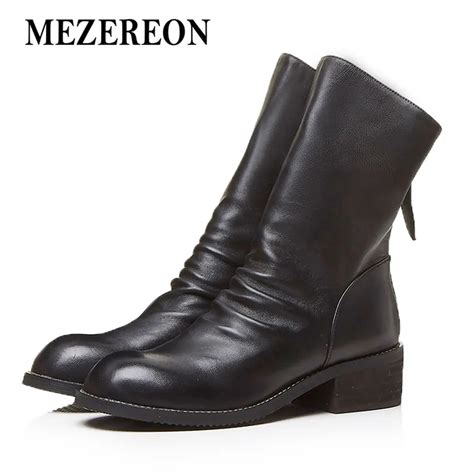 Mezereon Mid Calf Boots Women Black Genuine Leather Round Toe Flat