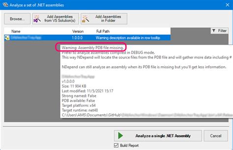 c ndepend says pdb file missing incorrectly locates release exe