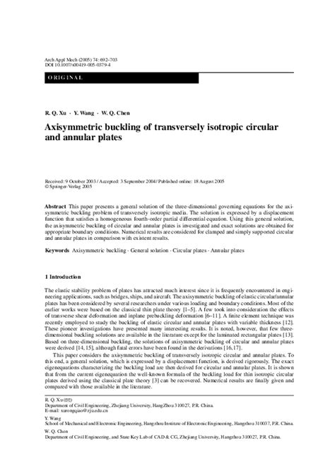 Pdf Axisymmetric Buckling Of Transversely Isotropic Circular And