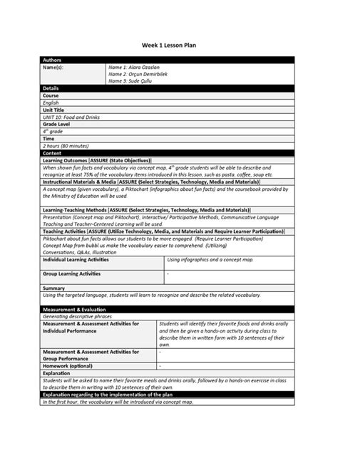 Week 1 Lesson Plan Pdf Teaching Method Lesson Plan