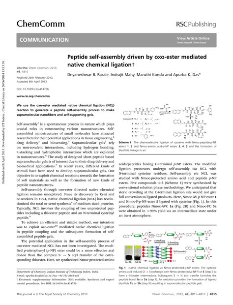 Pdf Peptide Self Assembly Driven By Oxo Ester Mediated Native Chemical Ligation