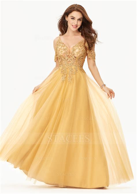 A Line V Neck Tulle Satin Longfloor Length Prom Dress With Appliqued