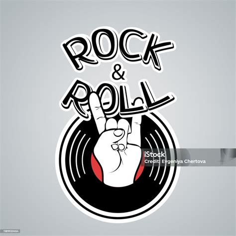 로큰롤 로고 빈티지 뮤지컬 아이콘 만화 손 그리기 검은 색 빨간색 흰색 기호 기호 손 제스처 는 회색 배경에 고립 된 비닐 디스크를 경적 벡터 일러스트레이션 록밴드 음악가에