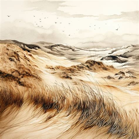 Desolate Autumn Seaside With Yellow Grass And Overcast Sea Ai