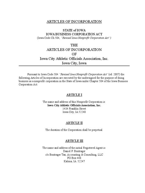 Iowa Nonprofit Articles Of Incorporation Pdf 501c Organization