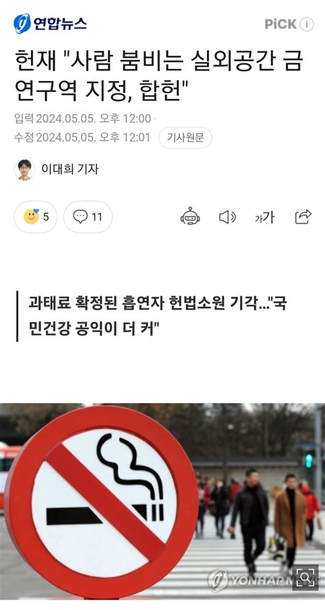 헌재 사람 붐비는 실외공간 금연구역 지정 합헌 유머움짤이슈 에펨코리아