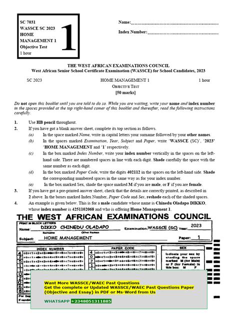 Wassce Waec Home Management Past Questions And Answers Pdf Download