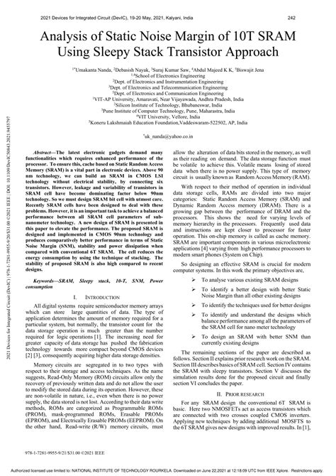 Pdf Analysis Of Static Noise Margin Of 10t Sram Using Sleepy Stack Transistor Approach