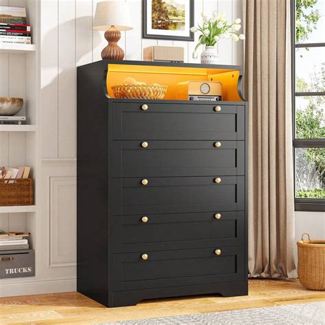 Enhomee 5 Drawer Dresser With Led Dresser For Bedroom Bedroom