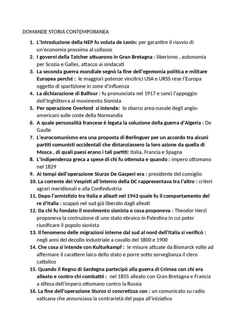 Domande E Risposte Di Storia Contemporanea Prove Desame Di Storia