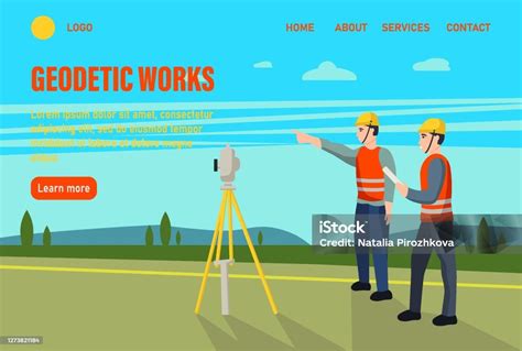 大地測量工作網站主頁著陸網頁範本概念土地測量師 工程師製圖師卡通人物平面向量圖向量圖形及更多道路建造工程圖片 道路建造工程 土木工程