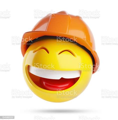 건설 헬멧을 가진 웃는 얼굴 이모티콘 분리된 클리핑 경로가 포함됩니다 3d 일러스트레이션 이모티콘에 대한 스톡 사진 및 기타