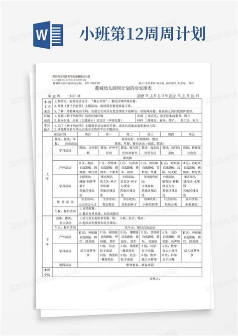 小班第12周周计划 Word模板下载编号qknnmpwg熊猫办公
