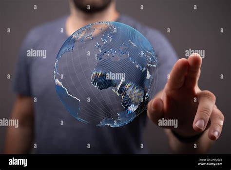 Businessman Tapping Near A Floating Render Of A Globe Outline Global Network Connection Concept