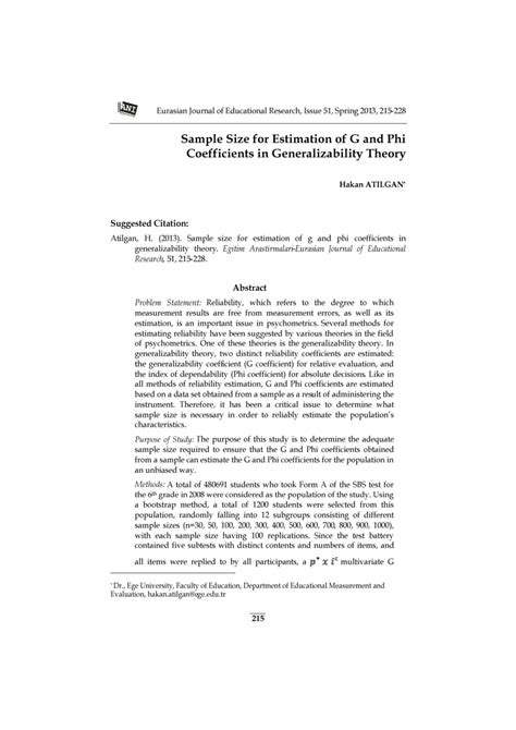 Pdf Sample Size For Estimation Of G And Phi Coefficients In Generalizability Theory