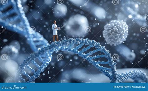 Scientist Standing On Dna Strand In Microbiology Research Environment