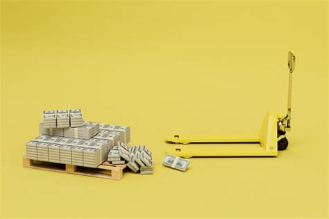큰 돈 현금 달러가 있는 나무 팔레트와 노란색 배경에 유압 로더 3d 렌더링 공급망에 대한 스톡 사진 및 기타 이미지 공급망