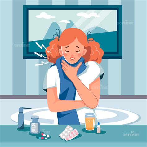 Иллюстрация Девушка с больным горлом в своей квартире в стиле 2d