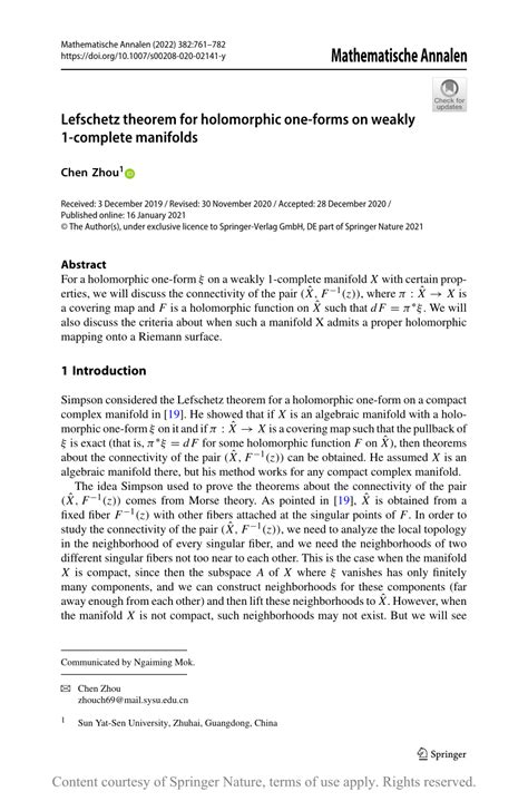 Lefschetz Theorem For Holomorphic One Forms On Weakly 1 Complete Manifolds Request Pdf