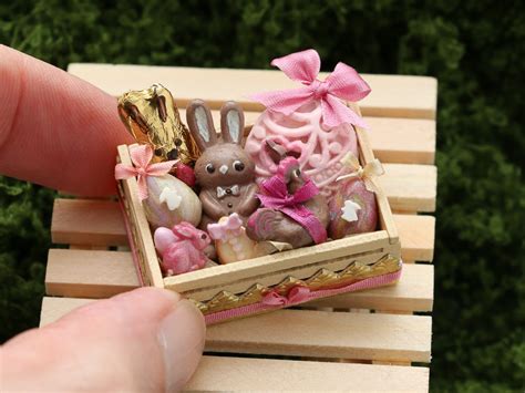Wooden Crate Of Pink Easter Chocolates And Treats Miniature Dollhouse