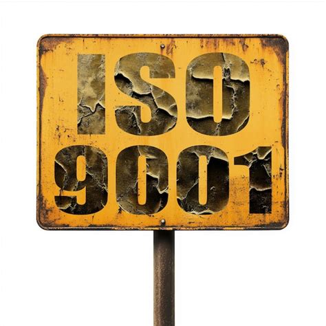 Iso 9001 Escrito En Una Señal De Tráfico Amarilla Oxidada Aislada Sobre