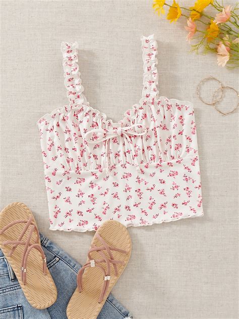Shein Wywh Ditsy Floral Lettuce Trim Crop Cami Top Shein Usa