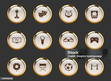 어두운 배경에 엔터테인먼트 금색 테두리 벡터 아이콘입니다 웹 모바일 및 Ui 디자인을 위한 골드 프레임의 엔터테인먼트 아이콘