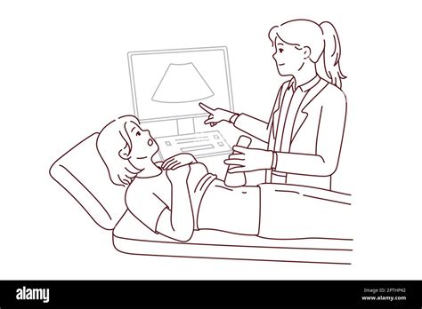 Doctor Do Belly Ultrasound For Woman Lying On Bed In Hospital Or Clinic Gynecologist Or Gp Scan