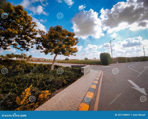 Paisajes Y Caminos Asfaltados De Nubes Dramáticas Y Verdes Imagen De
