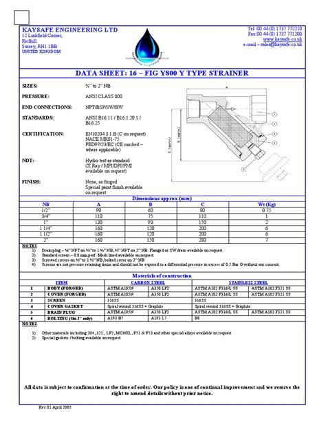 Data Sheet 16 Fig Y800 Y Type Strainer Pdf
