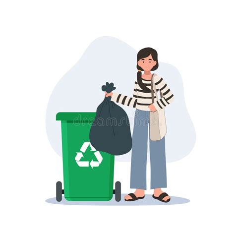 Recycle Concept Happy Woman Throws Away Trash Into Green Trash Bin