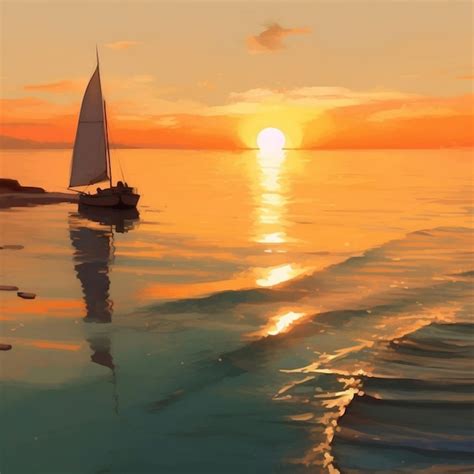 Pintura Digital De Una Serena Escena Costera Al Atardecer Con Olas De