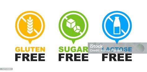무설탕 유당 무료 글루텐 무료 알레르겐 무료 라벨 세트 천연 제품 및 유기농 식품 배지 건강 식품 표지판 벡터 그림입니다 무료에 대한 스톡 벡터 아트 및 기타 이미지