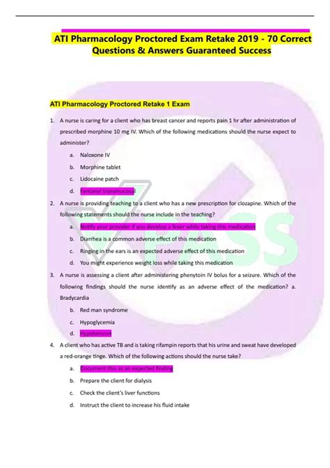 Ati Pharmacology Proctored Exam Retake 2019 70 Correct Questions
