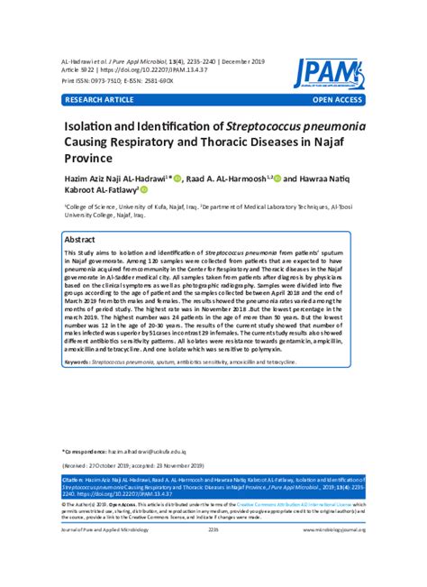 Pdf Isolation And Identification Of Streptococcus Pneumonia Causing Respiratory And Thoracic