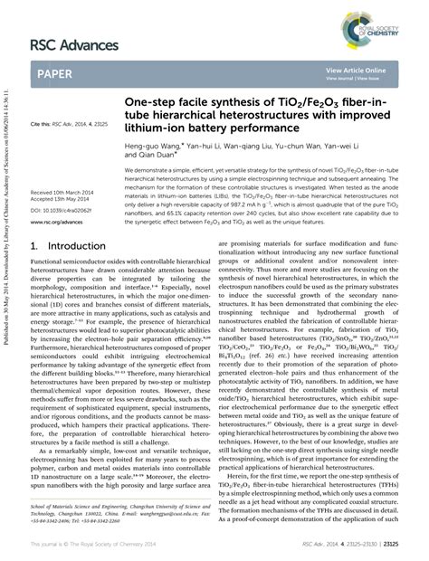pdf one step facile synthesis of tio2 fe2o3 fiber in tube