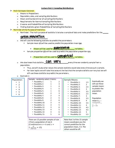 Lecture Part 7 Sampling Distributions O We Will Use The Following Statistics To Predict The