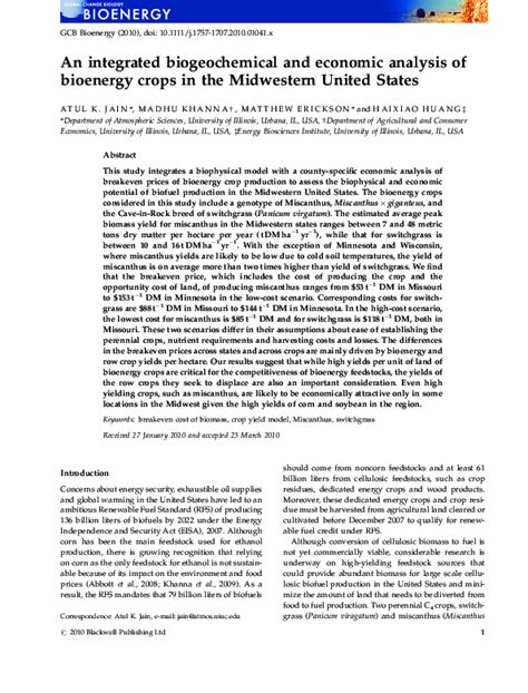 Pdf An Integrated Biogeochemical And Economic Analysis Of Bioenergy Crops In The Midwestern