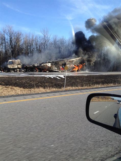 Hwy 401 Truck Fire Sends Flames Black Smoke Into The Sky