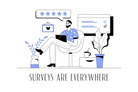 평면 만화 디자인의 온라인 설문 조사 개념 위트 사람들 장면 남자가 리뷰를 남깁니다 프리미엄 벡터