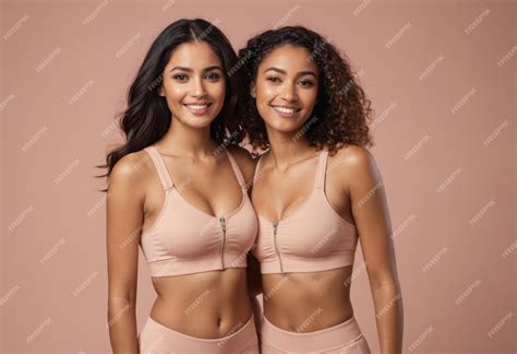 Premium Photo Two Young Women In Matching Sportswear Bras Smile