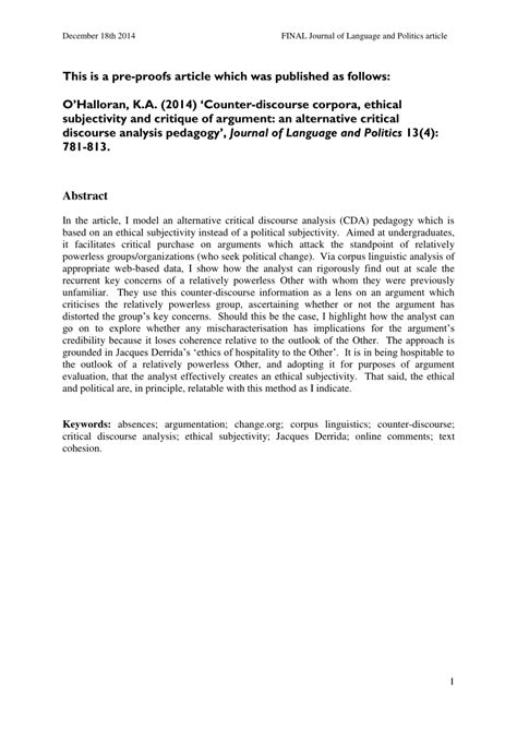 Pdf Counter Discourse Corpora Ethical Subjectivity And Critique Of Argument An Alternative