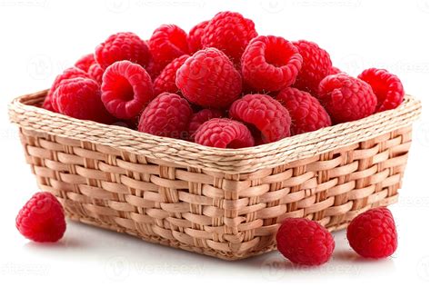 Raspberry In Wicker Basket Isolated On White Background Generative Ai