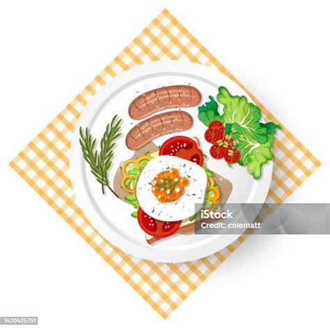 계란 빵 토스트와 소시지로 건강한 아침 식사 만화에 대한 스톡 벡터 아트 및 기타 이미지 만화 상추 일러스트레이션